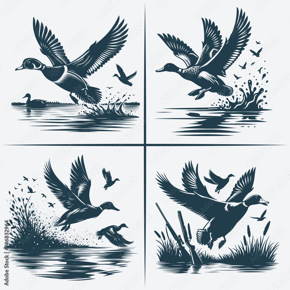 Mallard Duck hunting vector Bundle file ,Black and white Flying Ducks ...