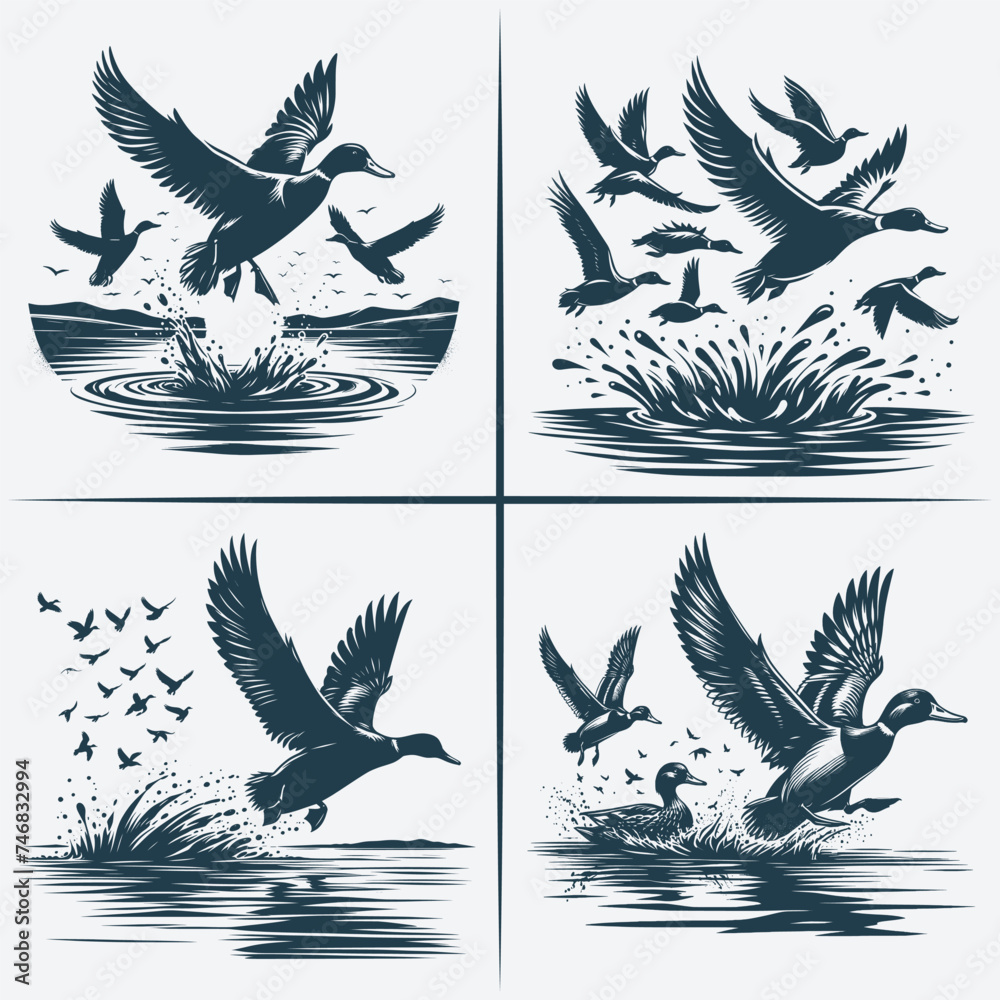 Mallard Duck hunting vector Bundle file ,Black and white Flying Ducks ...