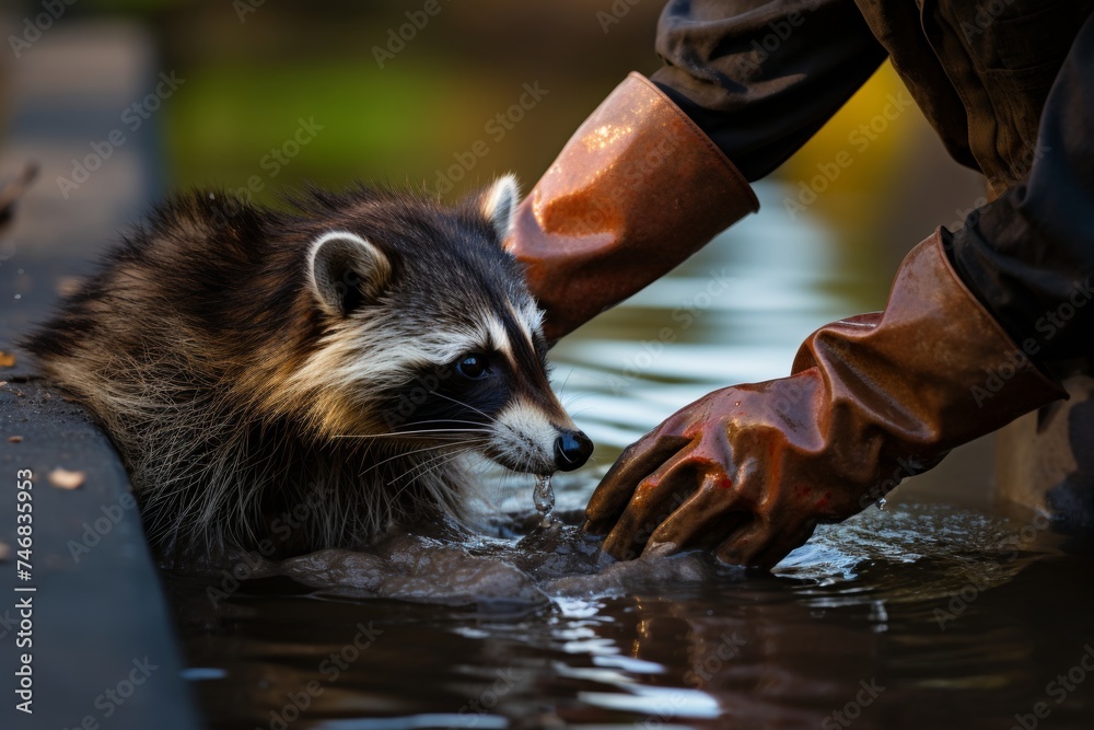 Dedicated Wildlife Ranger Assisting a Beautiful Raccoon Trapped in a ...