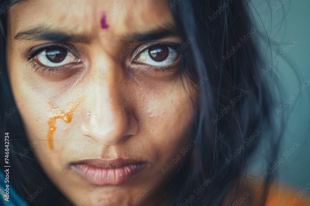 Distressed Indian woman in her 40s with bare face and upset expression ...