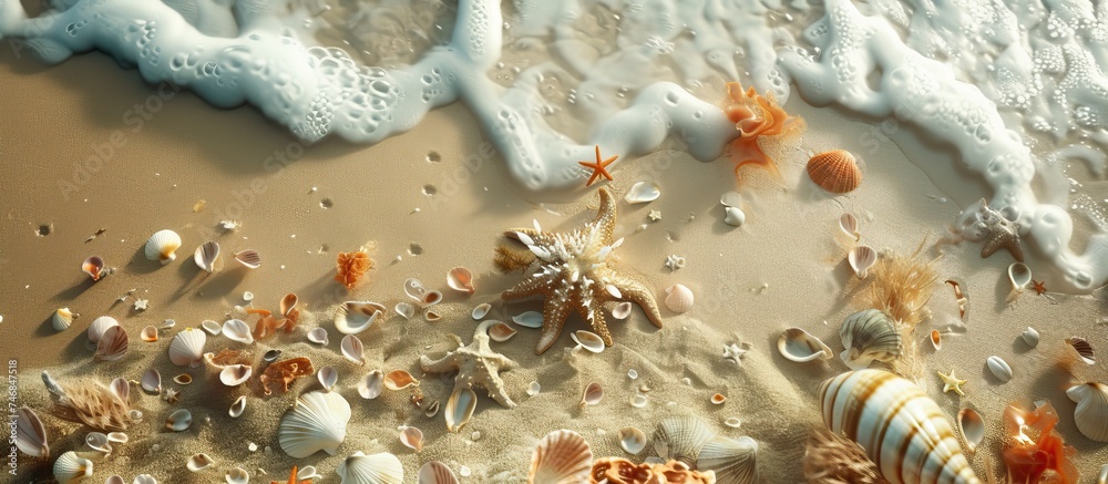 Various seashells and starfish scattered on a sandy beach, showcasing ...