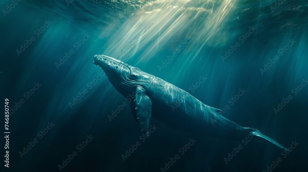 Craft a visual narrative set in a cinematically styled deep blue sea ...