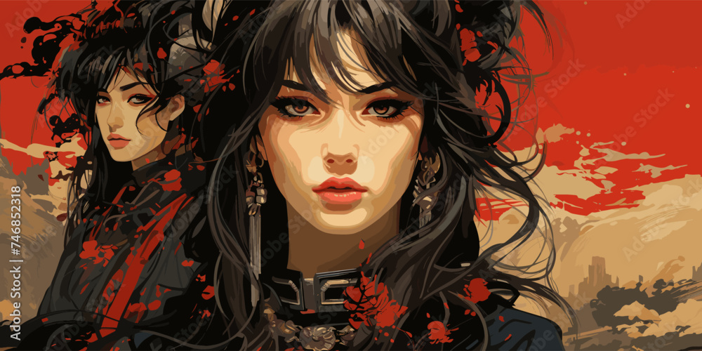 Portraits of a samurai devil girl. Retro anime style illustration ...