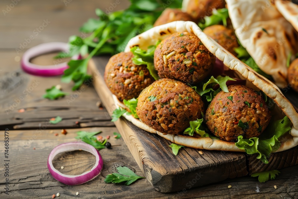 Traditional Middle Eastern food served in a pita with wood background ...