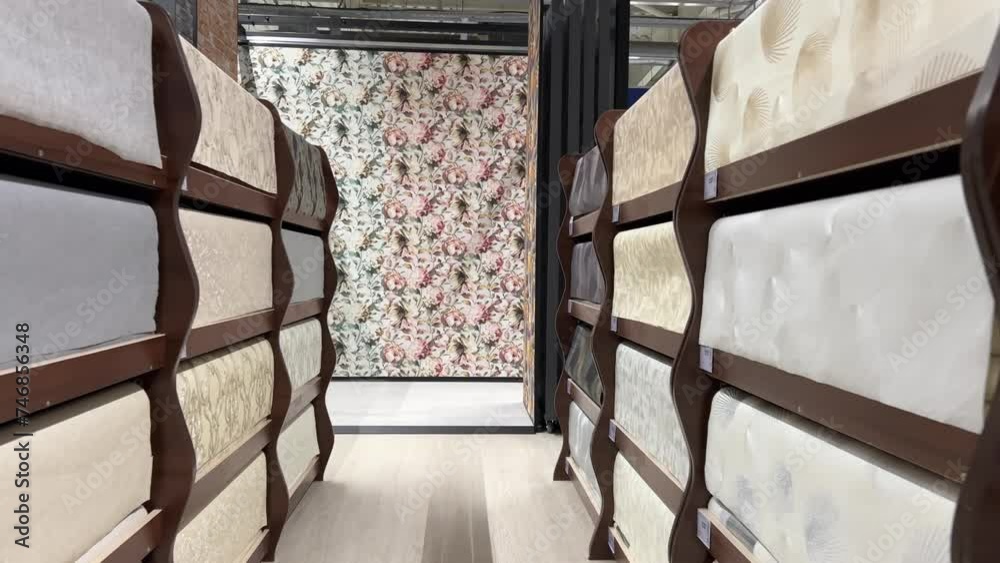 Rows of racks with unfolded rolls of wallpaper in a DIY store Stock ...