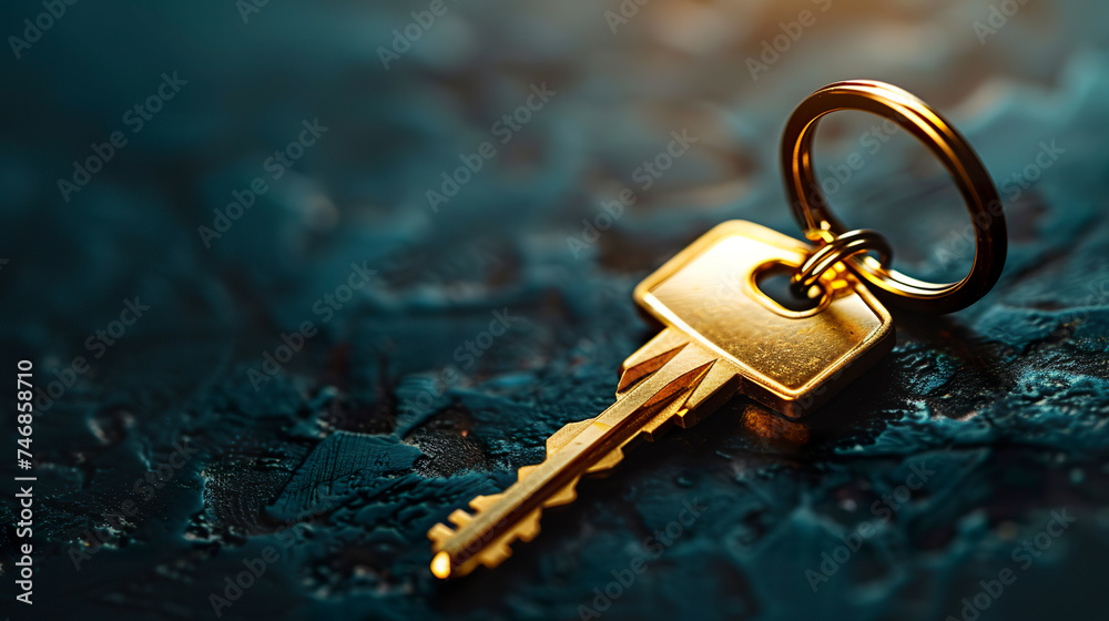 A golden key rests elegantly on a minimalist blue background. Golden ...