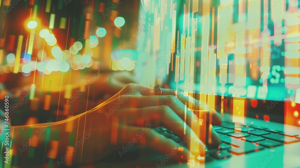 Technology business and working concept. Woman hand using keyboard and notebook double exposure ...