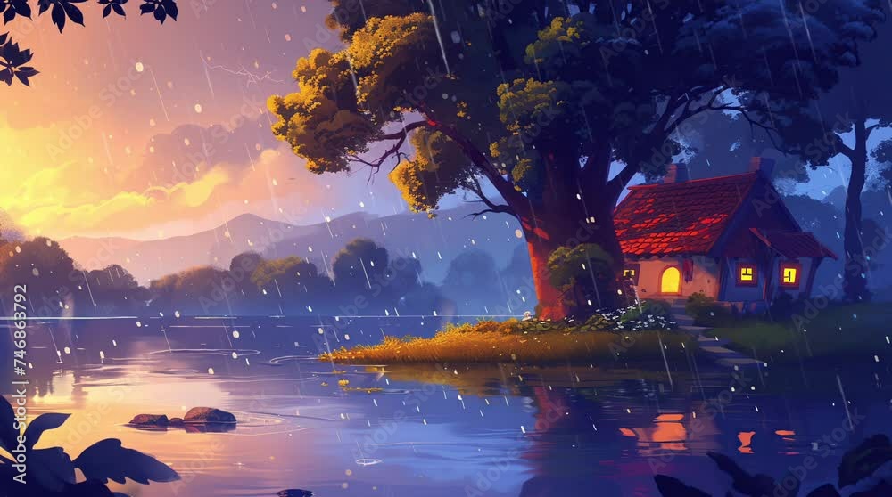 Enchanted Lakeside Haven: Glowing Fantasy House by a Majestic Tree ...