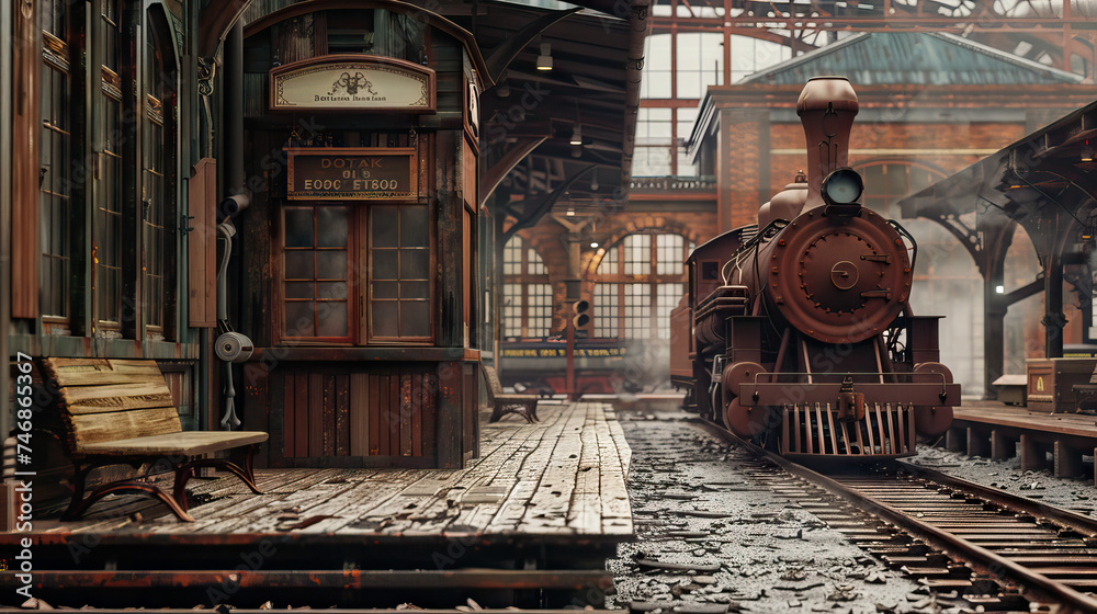 Vintage Train Station Set with Ticket Booth, Wooden Benches, and Steam ...
