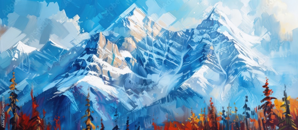 A painting depicting a majestic snow-covered mountain range, with ...