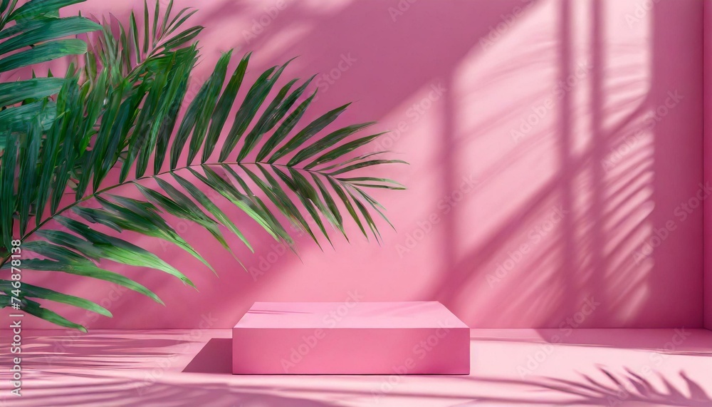 Pink background studio interior room with tropical palm shadow ...