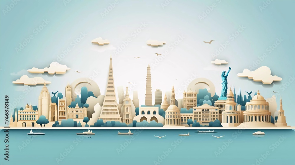 World travel landmarks with world map background, World landmark ...