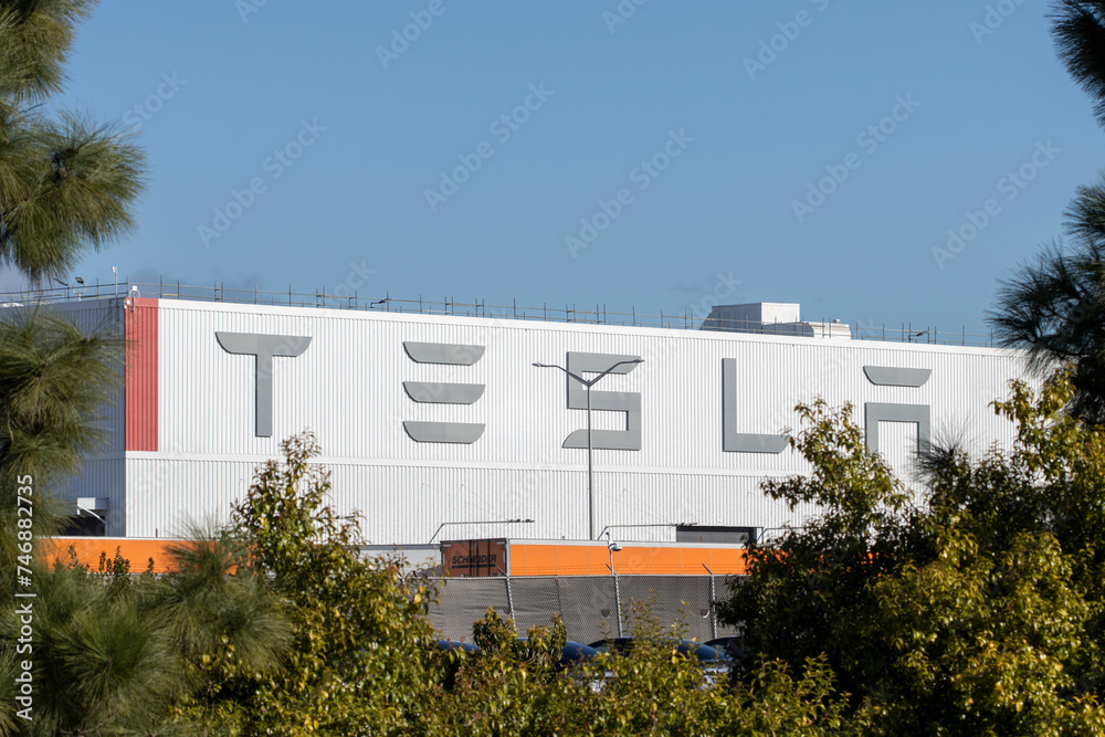Fremont, CA, USA - Feb 21, 2024: Tesla sign is seen at the Tesla ...