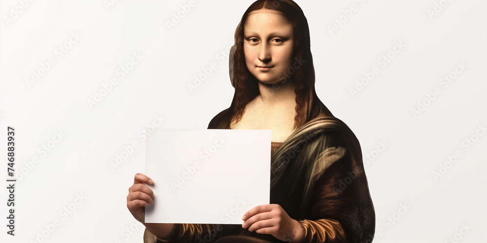 an abstract realistic painting of the Mona Lisa holding a blank sign or ...