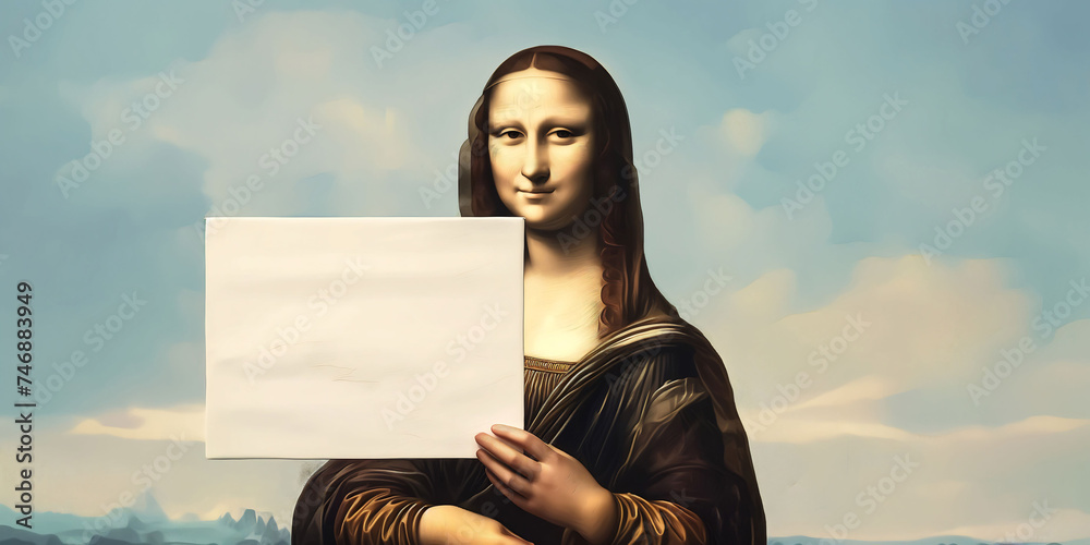 an abstract realistic painting of the Mona Lisa holding a blank sign or ...