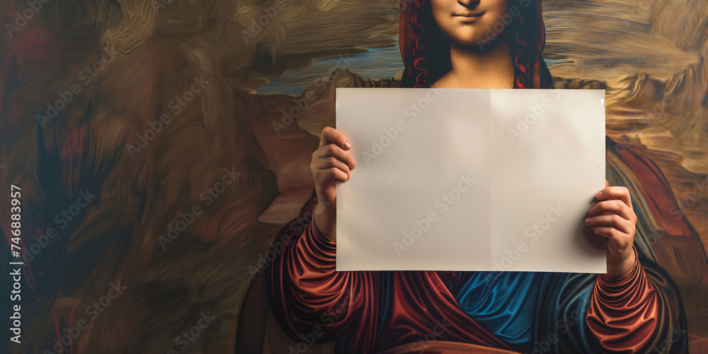 an abstract realistic painting of the Mona Lisa holding a blank sign or ...