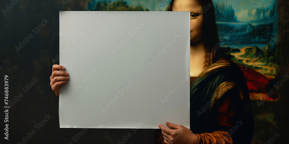 an abstract realistic painting of the Mona Lisa holding a blank sign or ...