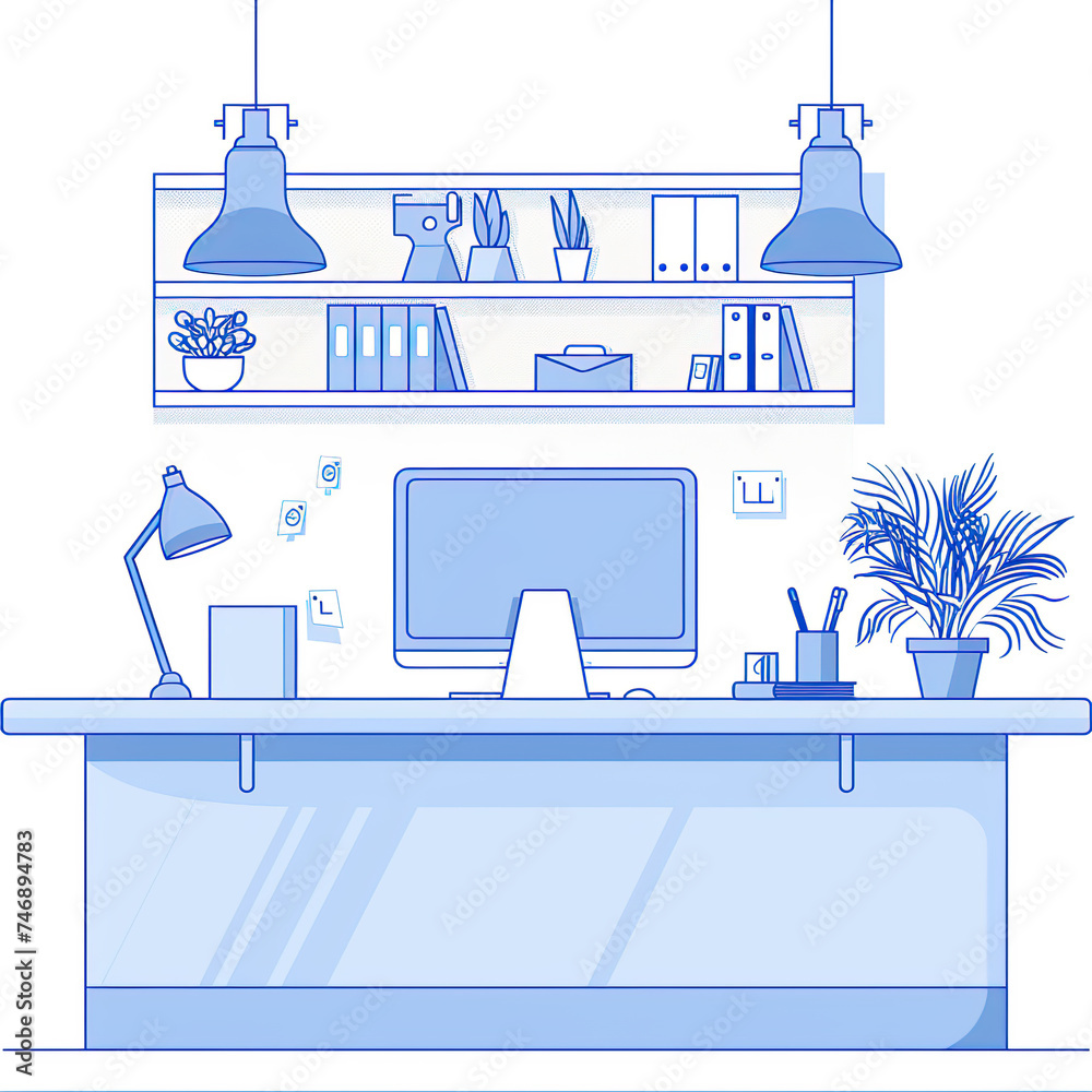 Linear illustration, Office setting, Workspace depiction, Linear art ...