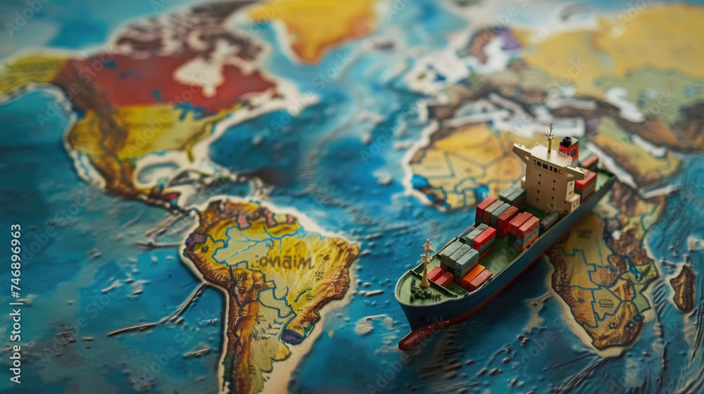 Container ship model on world map , transportation of goods between ...
