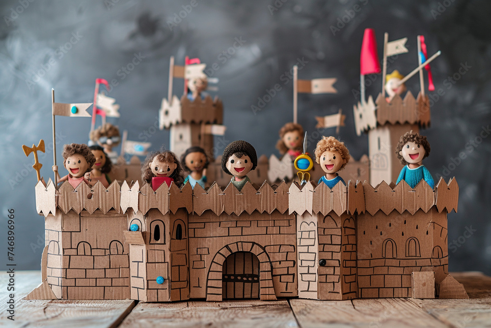 Cartoon friends in a DIY cardboard castle, complete with drawn-on stone ...