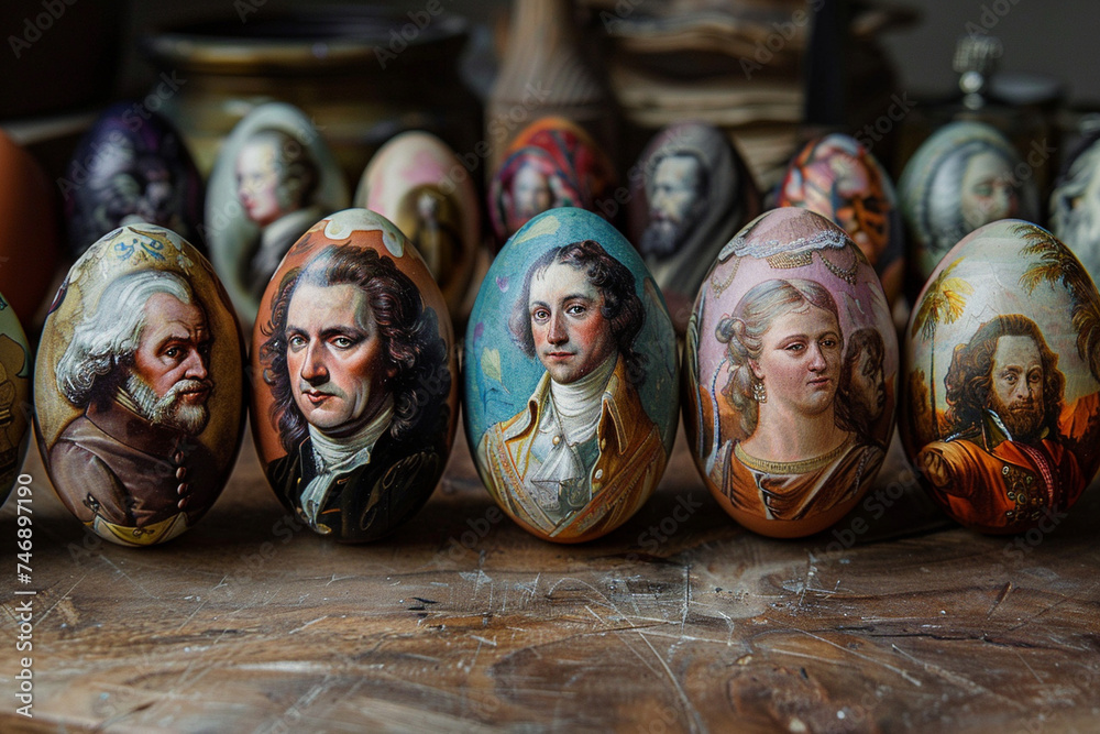 A collection of Easter eggs, each hand-painted with portraits of ...