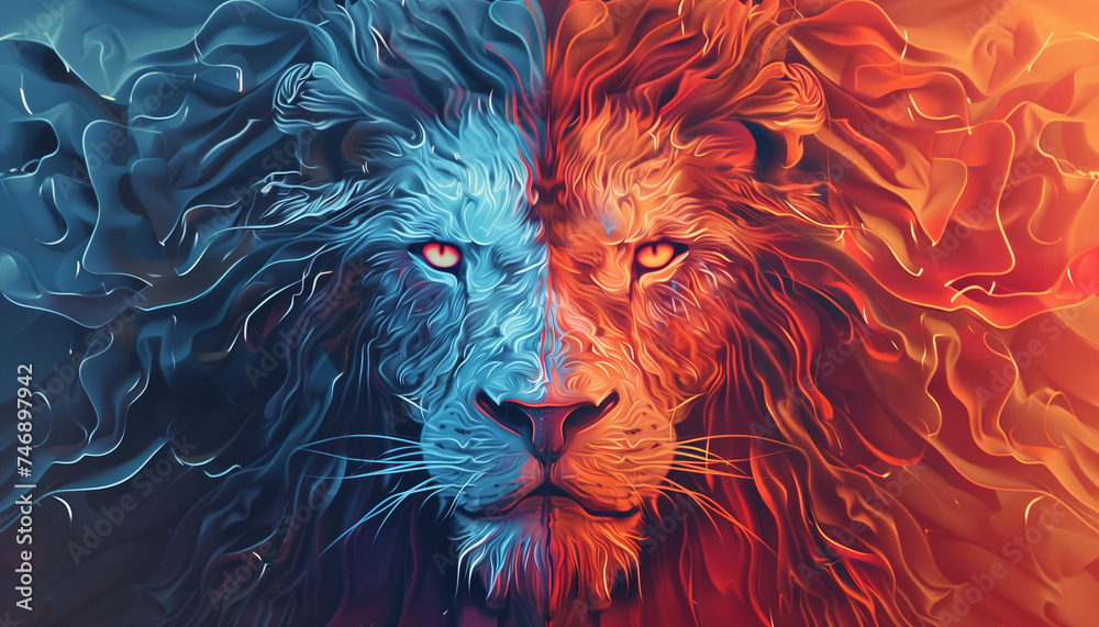 A digital artwork depicts a lion with a face split into fiery red and ...