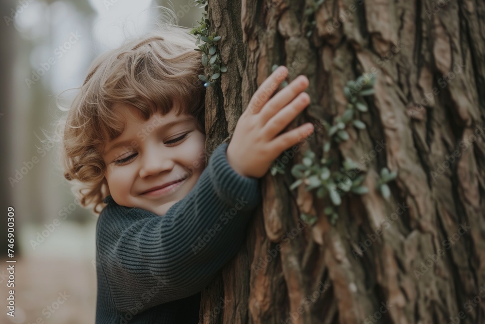 Child hugging tree, concept of Earth Day, environmental preservation ...