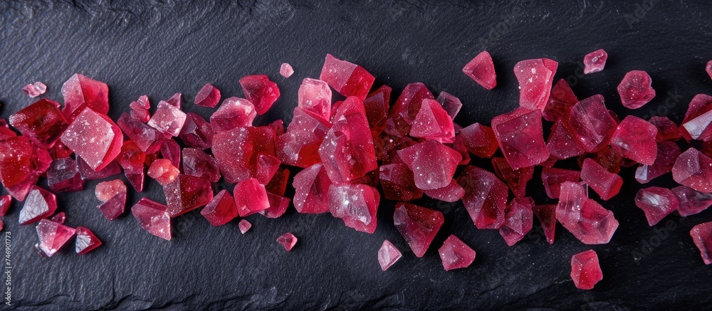 A collection of red rocks is piled on top of a black surface, creating ...