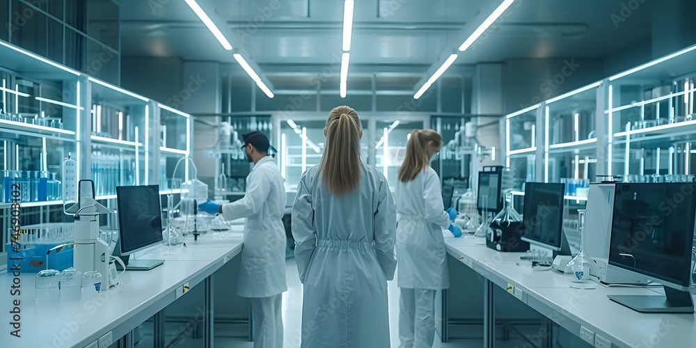 Medical researchers in a hightech lab conducting experiments and ...