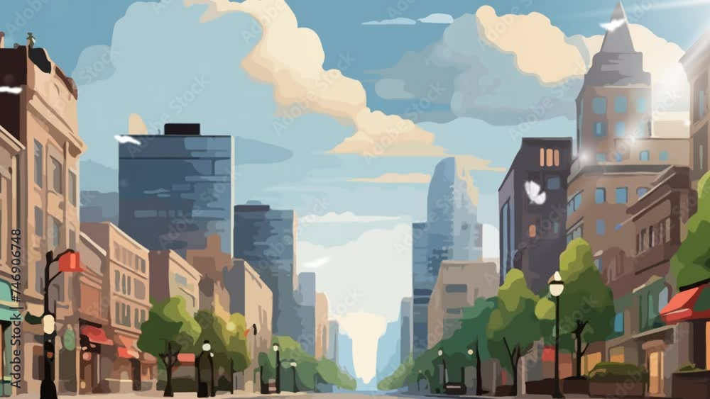 illustration of a quiet city street with buildings and offices. Birds ...