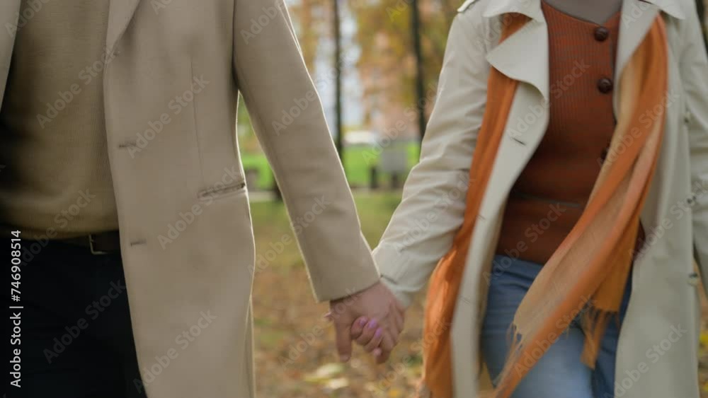 Couple retired male female holding hands walking in autumn nature park ...