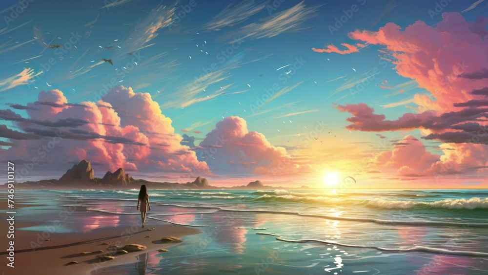 Anime girl enjoying sunrise stroll on pristine beach in cute cartoon ...