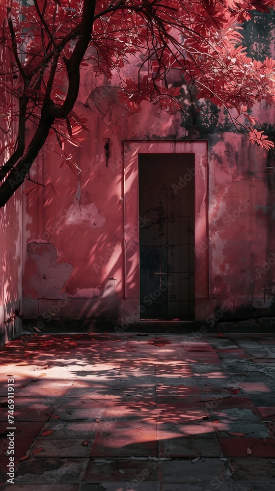 red tree front pink building haunted liminal abandoned room shadows ...