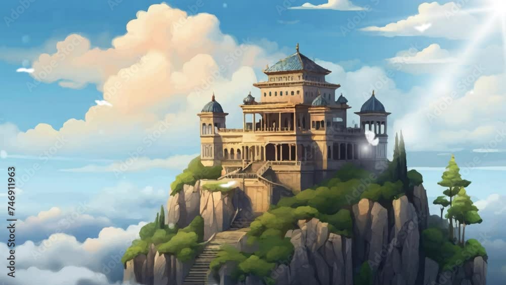 a castle in anime fairyland with hills and mountains beautiful anime ...
