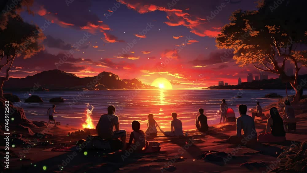 Cute cartoon-style depiction of sunset beach with anime characters by ...
