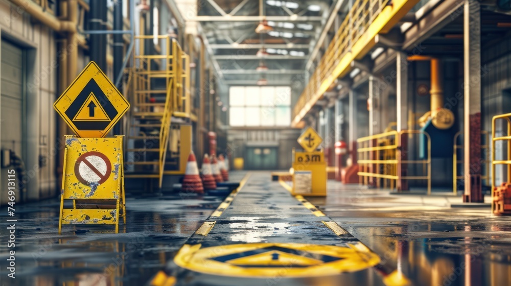 Industrial Factory Safety Warning Signs. Vibrant yellow warning signs ...