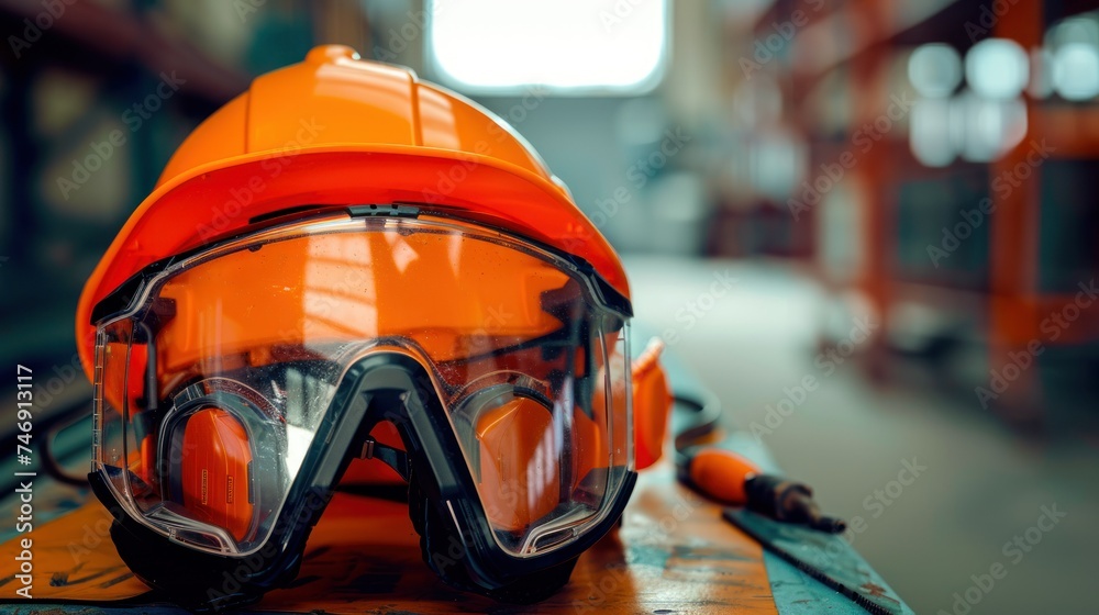Safety Helmet and Goggles on Industrial Workshop Table. An orange ...