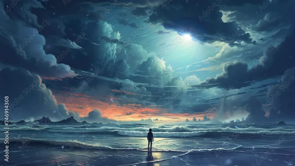 Anime figure staring at vast ocean under dramatic sky after storm in ...