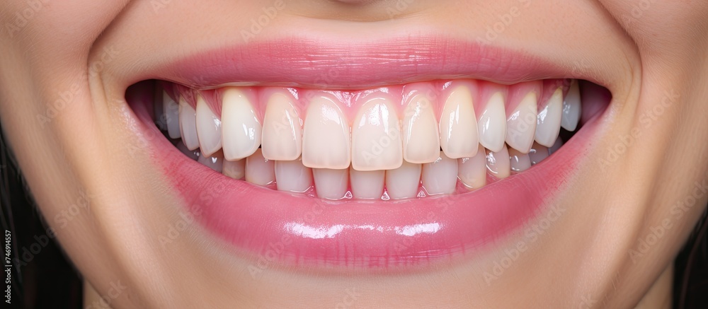 A close-up view of a womans open mouth revealing her white teeth. The ...
