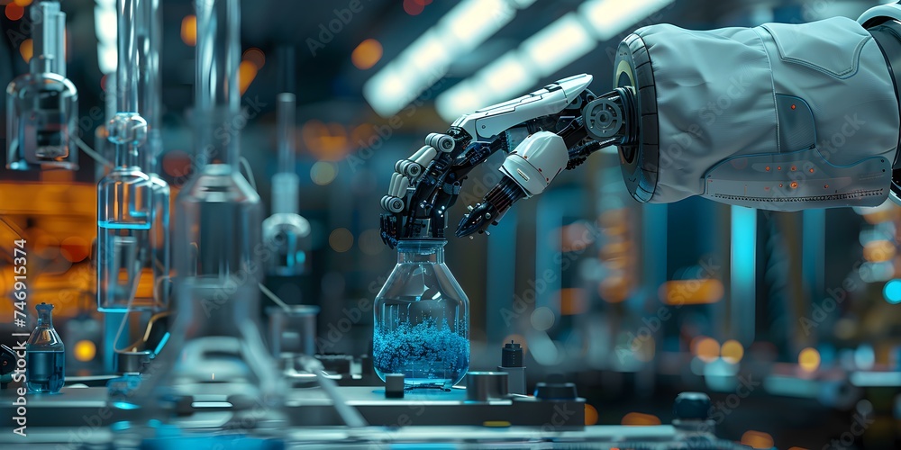 Scientists using robotic hand to hold lab equipment in futuristic blue ...
