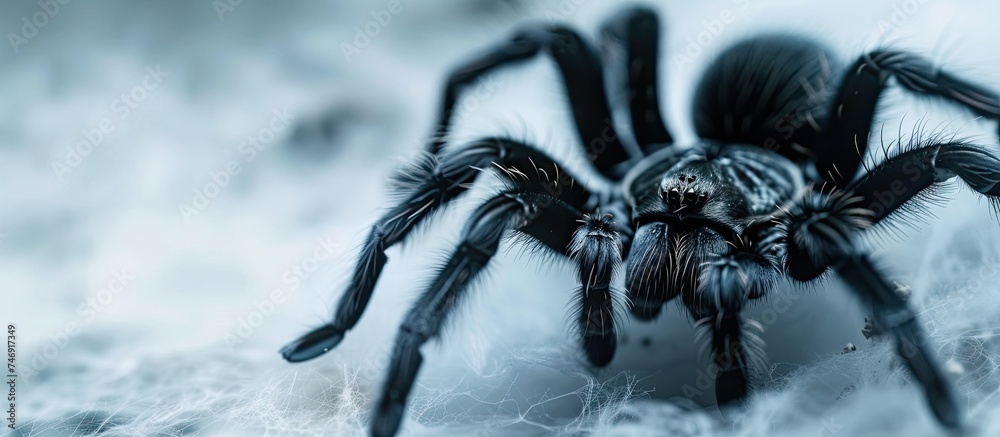 A focused view of a spider resting on the ground, its legs sprawled out ...