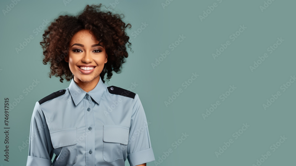 Afro woman in prison officer uniform smile isolated on pastel ...