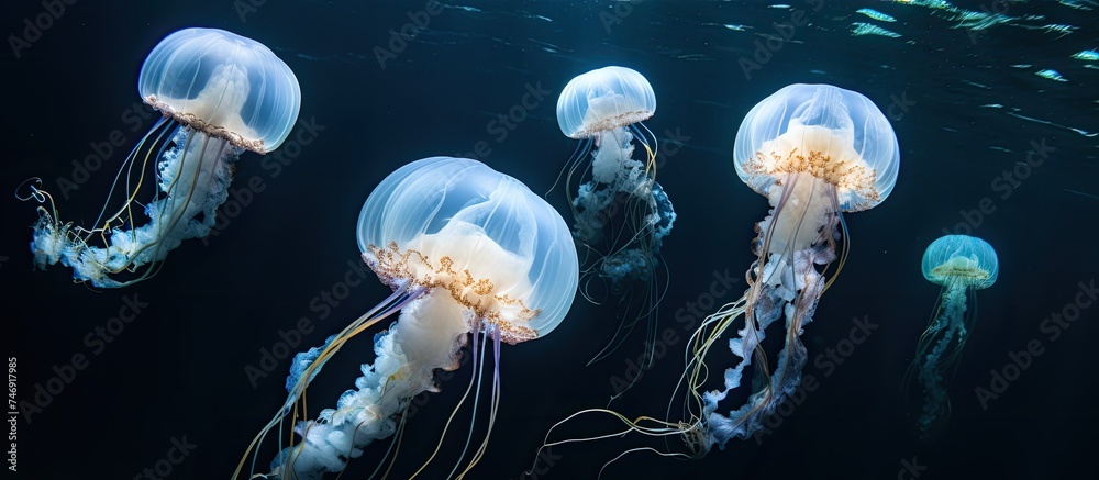 A collection of moon jellyfish, also known as marine medusas ...