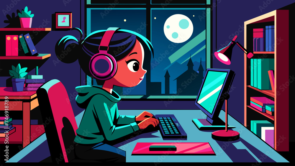 Vector illustration of little girl playing on the computer in her room ...