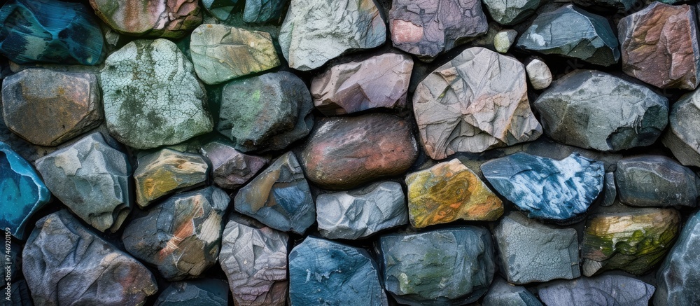 A rock wall displaying a variety of differently colored rocks, creating ...