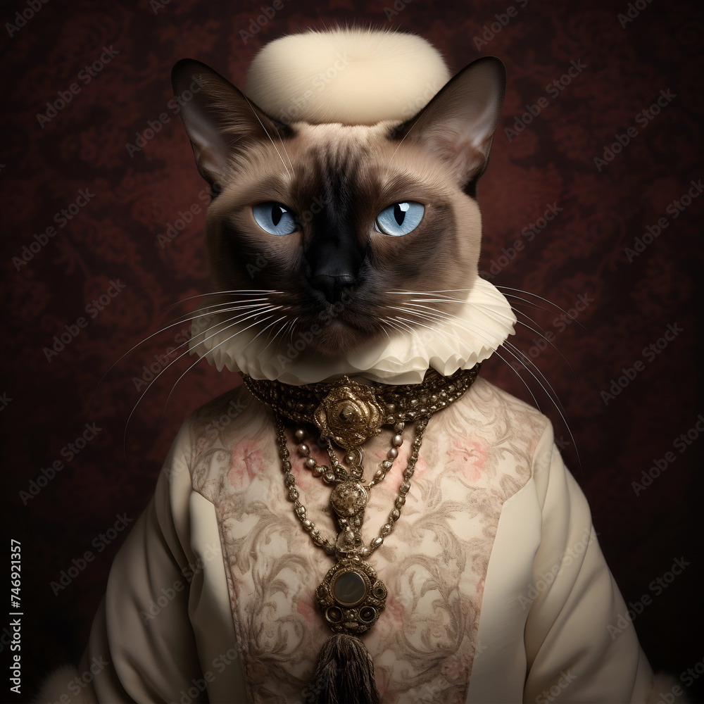 Realistic lifelike Siamese cat kitten kitty in renaissance regal ...