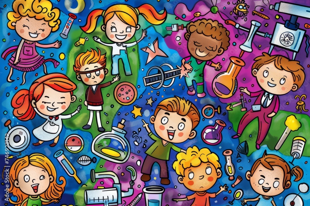 Cartoon cute doodles of kindergarten children participating in a ...