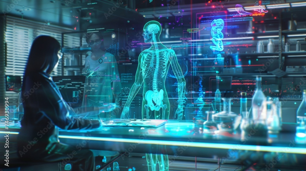 Two Bioengineers Working With Computer-Powered VFX Hologram Of Human ...