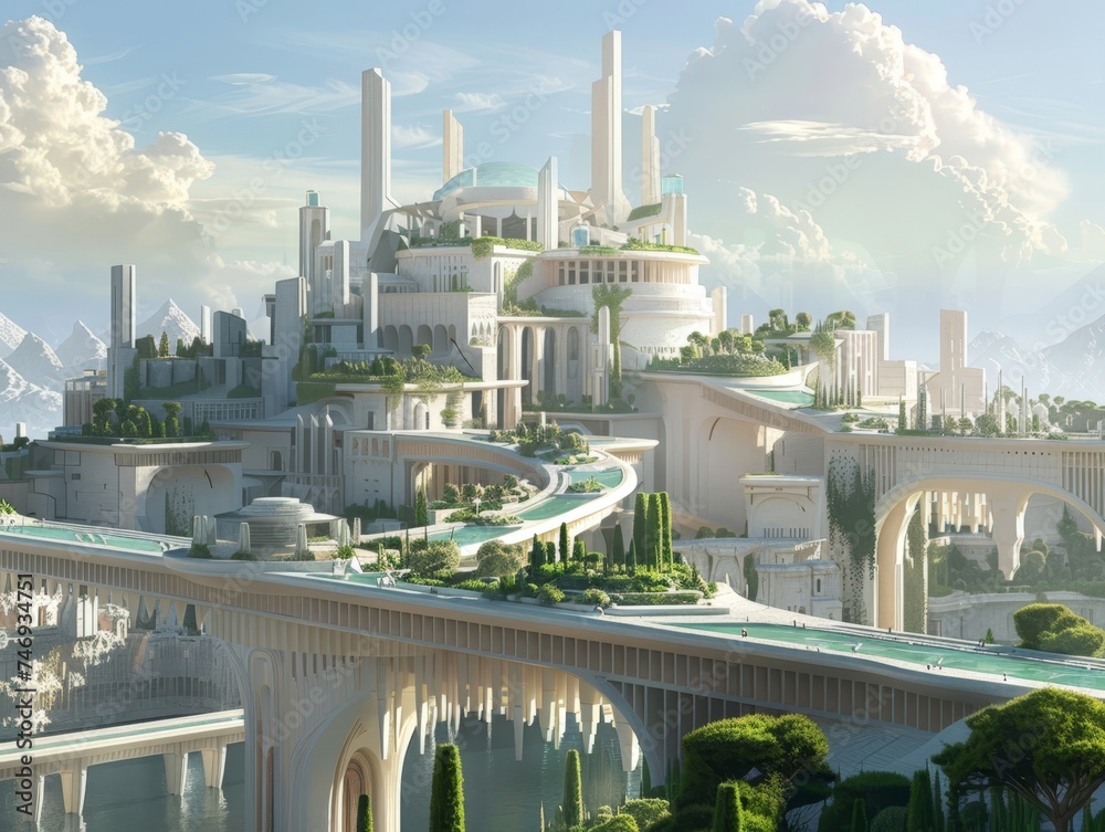 Futuristic metropolis with roots in ancient Greece, blending worlds ...