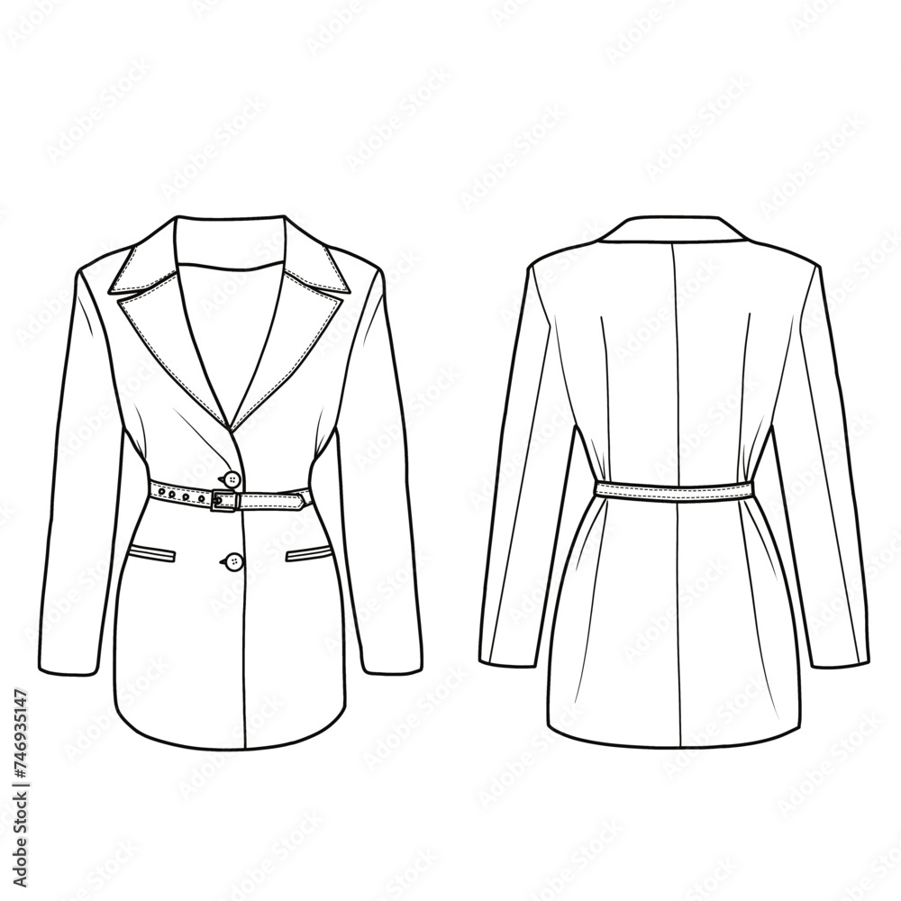 Technical sketch drawing of a women's blazer jacket with belt and ...